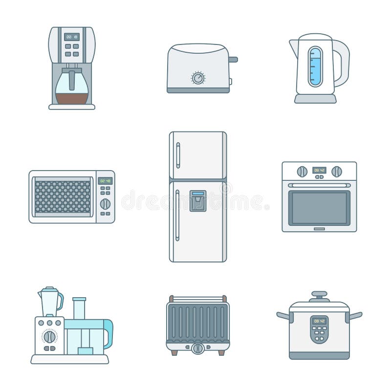 Colored Outline Various Kitchen Devices Set Stock Vector - Illustration ...