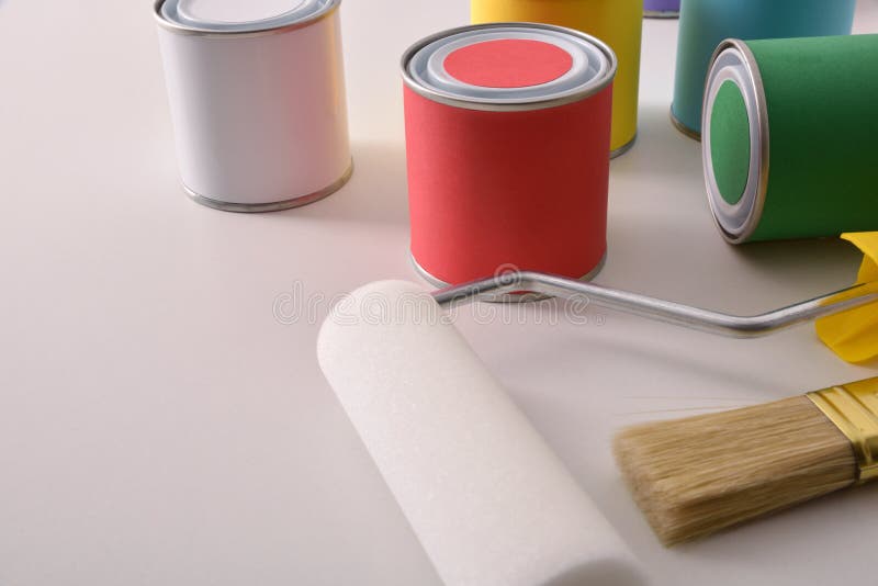 Colored Paint Pots and Tools on White Table Elevated View Stock Image ...