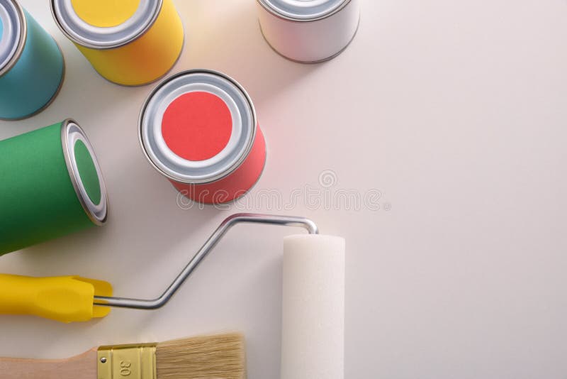 Colored Paint Pots and Tools on White Table Top View Stock Image ...