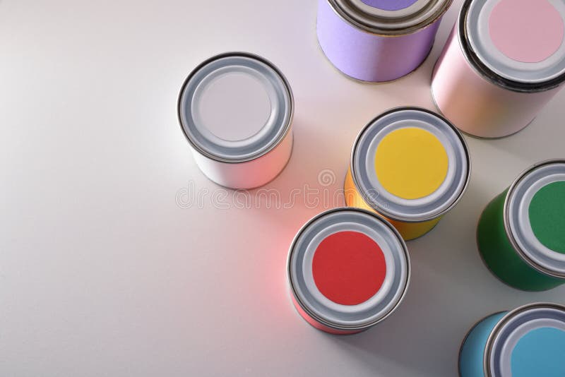 Colored Paint Pots on White Table Top View Stock Image - Image of ...