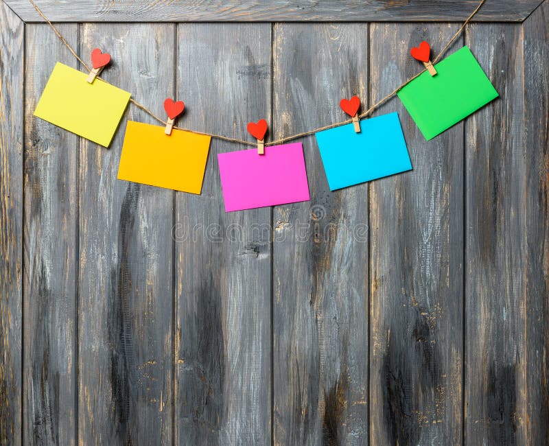 Colored Paper Sheets on Thread with Heart Shaped Clothespin Wooden ...