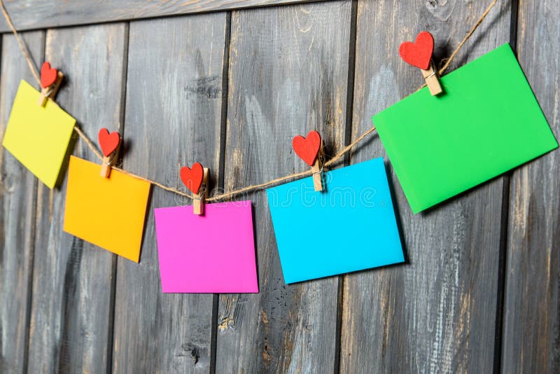 Colored Paper Sheets on Thread with Heart Shaped Clothespin Wooden ...