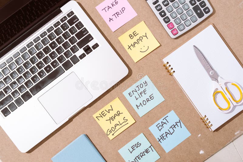 Colored Paper Stickers with Business Strategy and Laptop on Tabletop ...