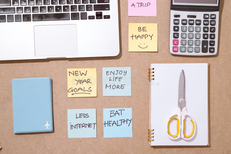 Colored Paper Stickers with Business Strategy and Laptop on Tabletop ...