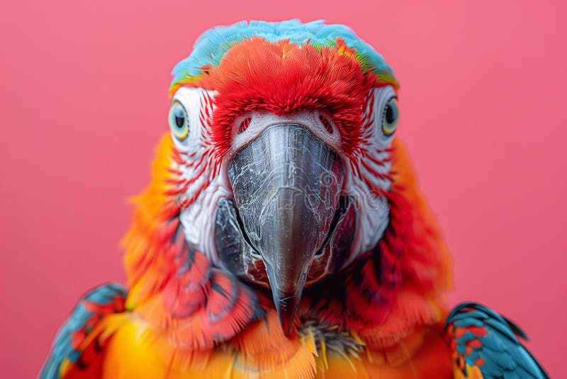 Colored Parrot on Pink Background Close-up, Front View. Stock Photo ...