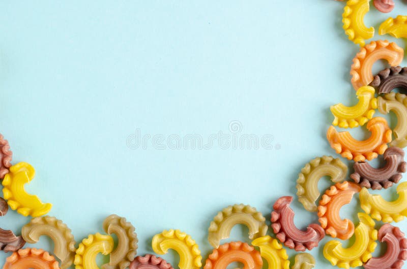 Colored Pasta Composition on Blue Background. Flat Lay Stock Image ...
