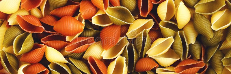 Colored Pasta Shells Background and Texture. Panorama. Banner Stock ...