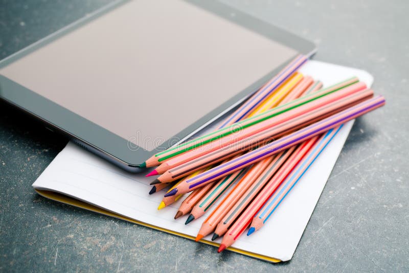 Colored Pencil , Blank Notebook and Computer Tablet Stock Image - Image ...