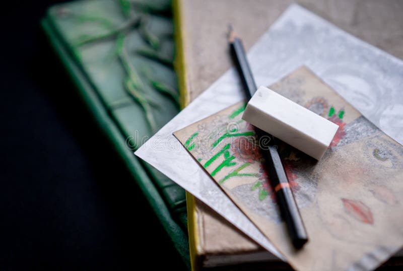 Colored Pencil Drawings on Two Notebooks with Concept in Close Up Stock ...