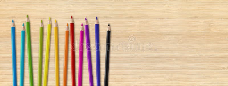 Colored Pencil Group Isolated on Wooden Background. Panoramic Banner ...