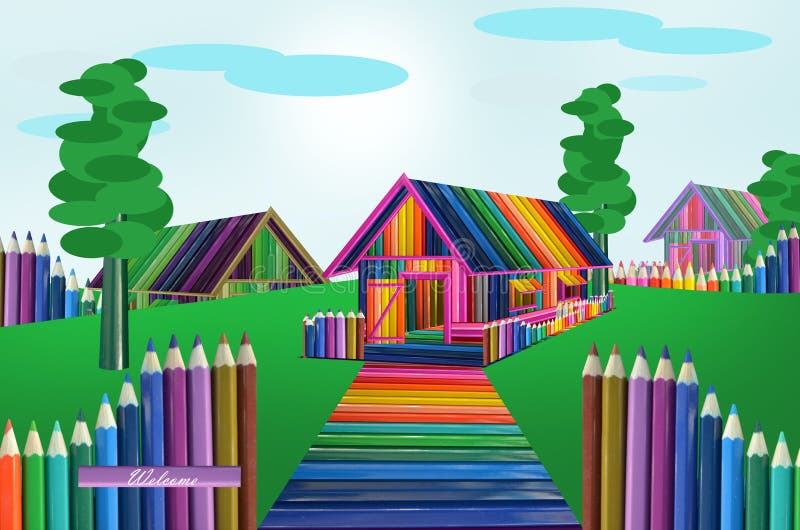 Colored Pencil House on Green Hill Stock Illustration - Illustration of ...