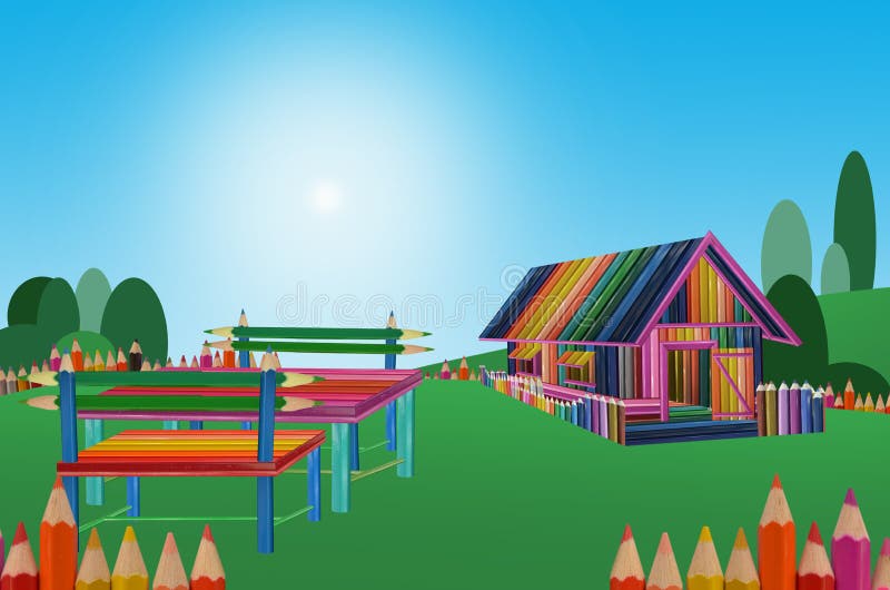 Colored Pencil House with Relax Table on the Hill Stock Illustration ...