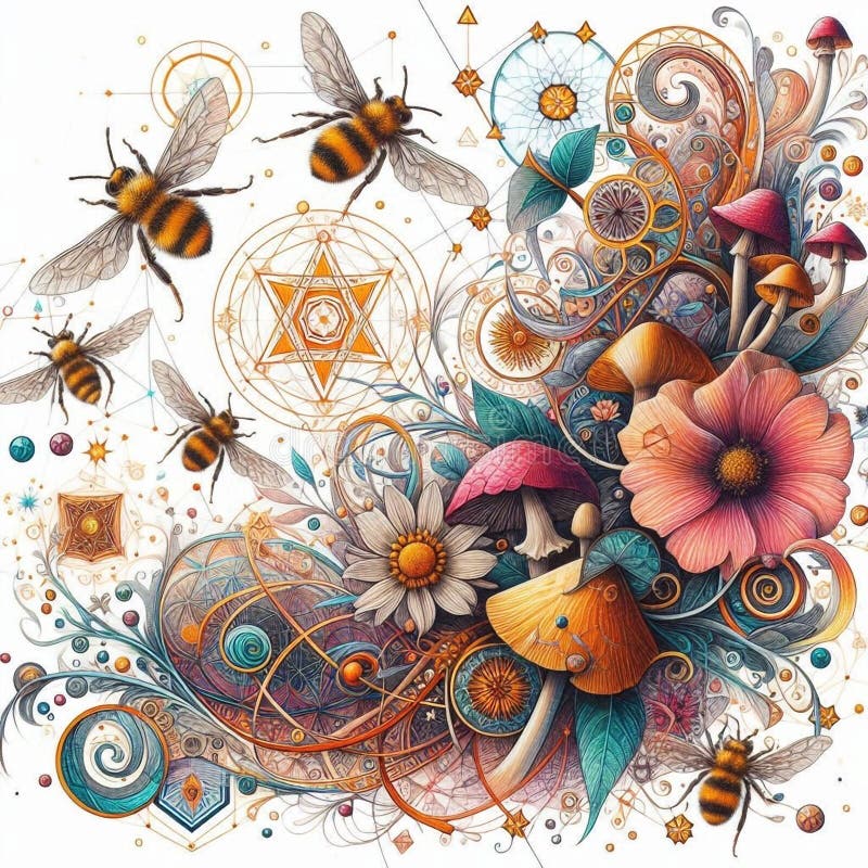 Colored Pencil Illustration of Geometric Blending Patterns with Bee ...
