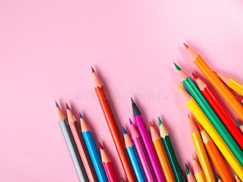 Colored Pencil on Pink Paper Background for Drawing Color Circle Stock ...