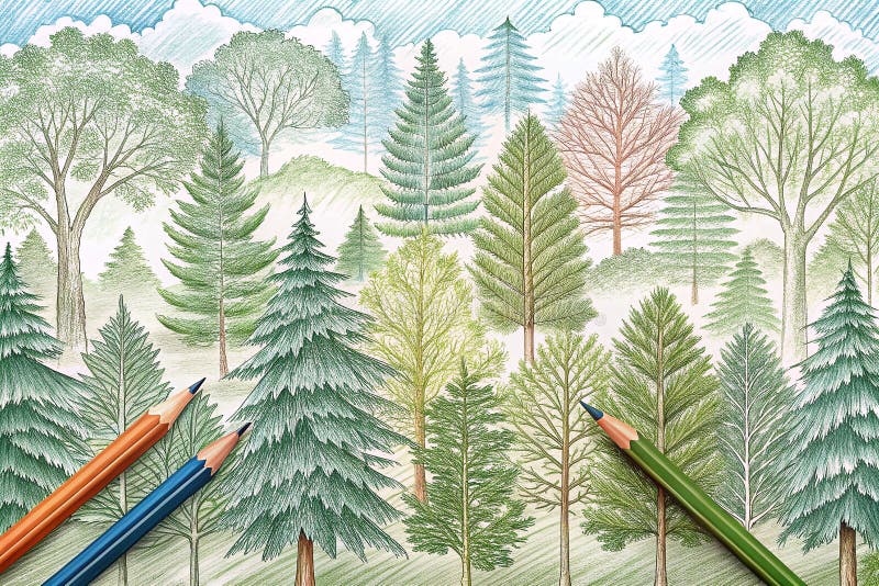 Colored Pencil Sketch of Forest Scene with Pencils Stock Illustration ...