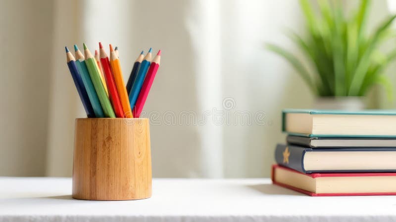 Colored Pencil Stand with Books on White Table Stock Illustration ...