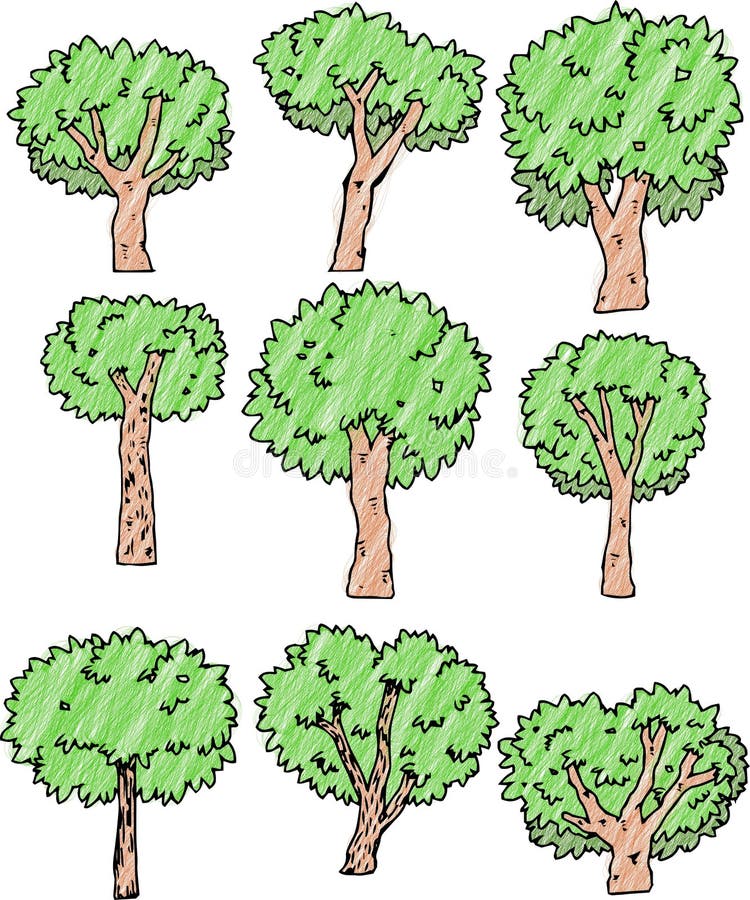 Colored Pencil Style Rough Sketch of Tree Set Stock Vector ...
