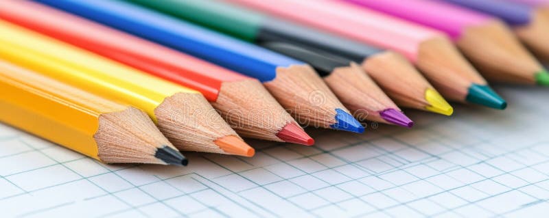 Colored Pencils Arranged on Graph Paper, Close-up. Art and Education ...