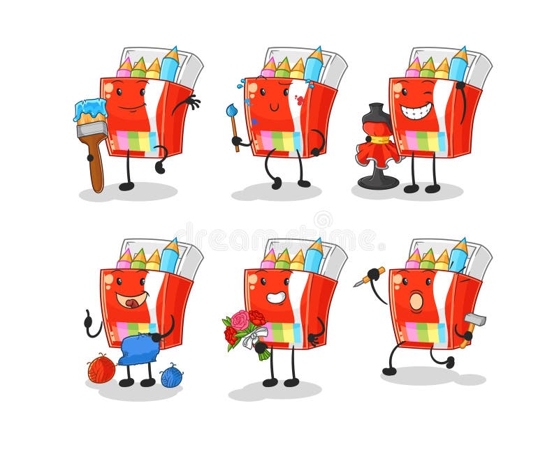 Colored Pencils Artist Group Character. Cartoon Mascot Vector Stock ...