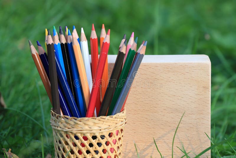 Colored Pencils with a Basket of Knowledge on the Grass Stock Photo ...