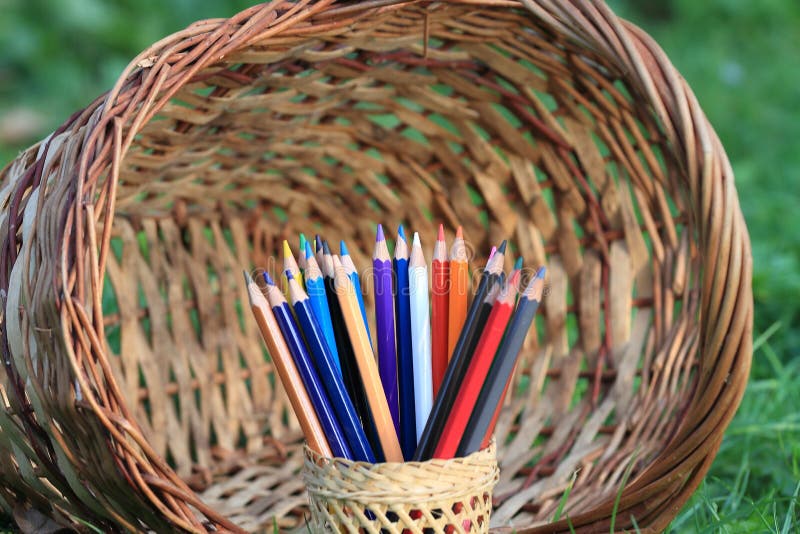 Colored Pencils with a Basket of Knowledge on the Grass Stock Photo ...