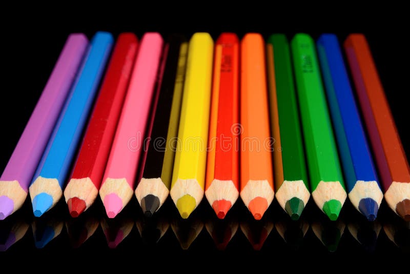 Colored Pencils Isolated on Black Background with Reflection Stock ...