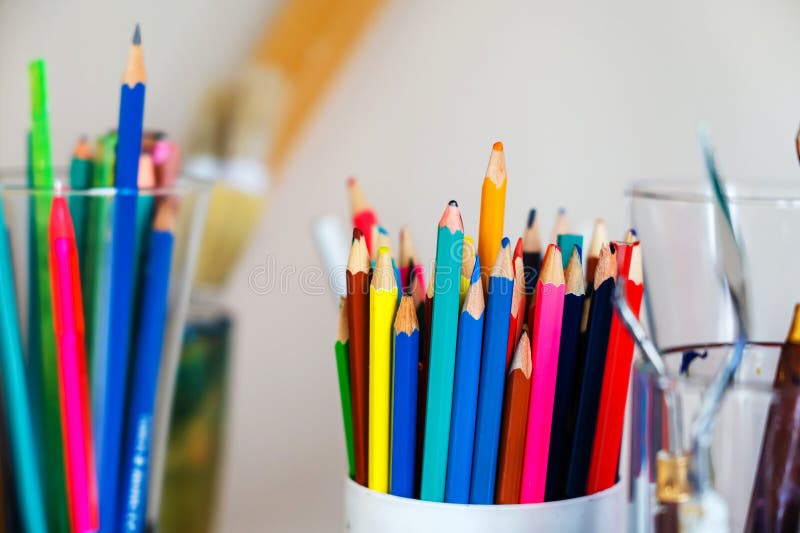Colored Pencils with a Blunt Lead are in a Glass Beaker. Close-up Stock ...
