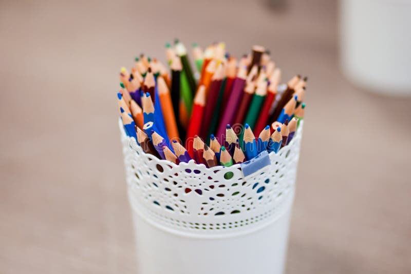 Colored Pencils in a Bucket Stock Image - Image of education, computer ...