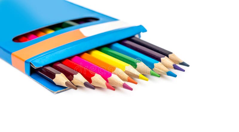 Colored Pencils in Carton Pencil Box on White Stock Image - Image of ...