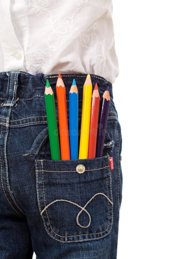 Colored Pencils in Kids Jeans Pocket Stock Image - Image of study ...