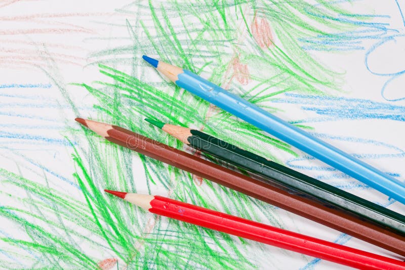 Child Drawing by Colored Pencils Stock Photo - Image of blue, paper ...