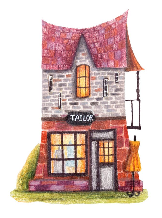 Colored Pencils Drawing House - `Tailor`s House`. Stock Illustration ...