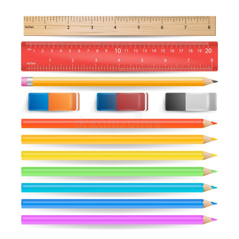 Colored Pencils, Eraser, Measuring Ruler Isolated Set Vector. Stock ...