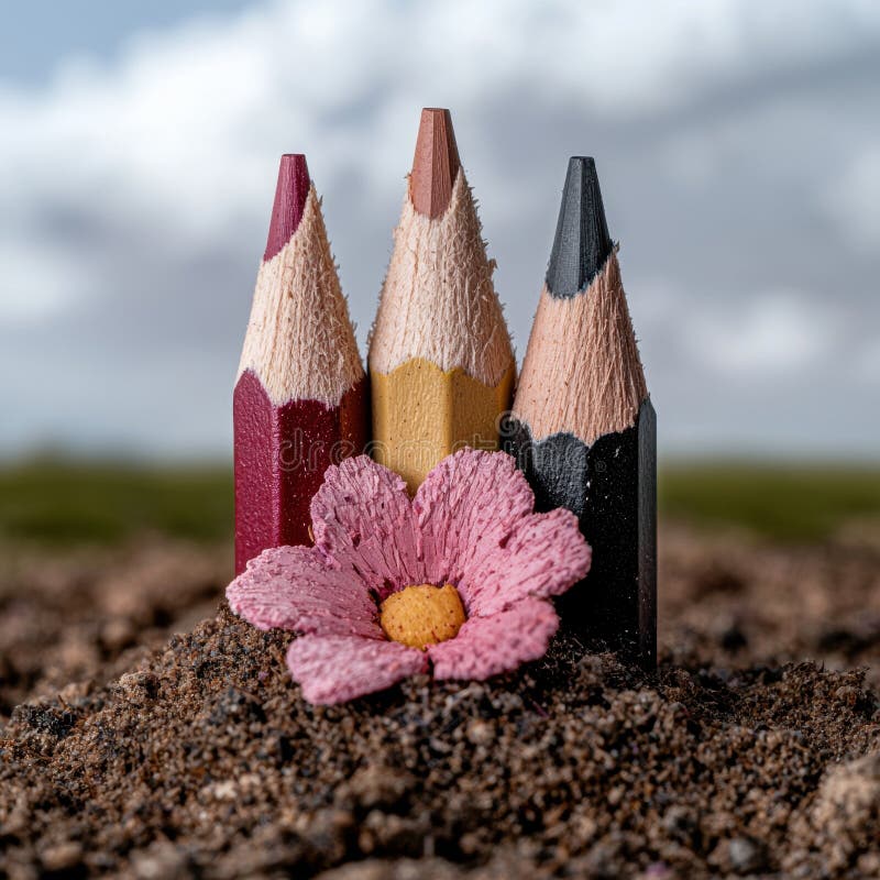 Colored Pencils and a Flower on a Mound of Dirt. Stock Illustration ...