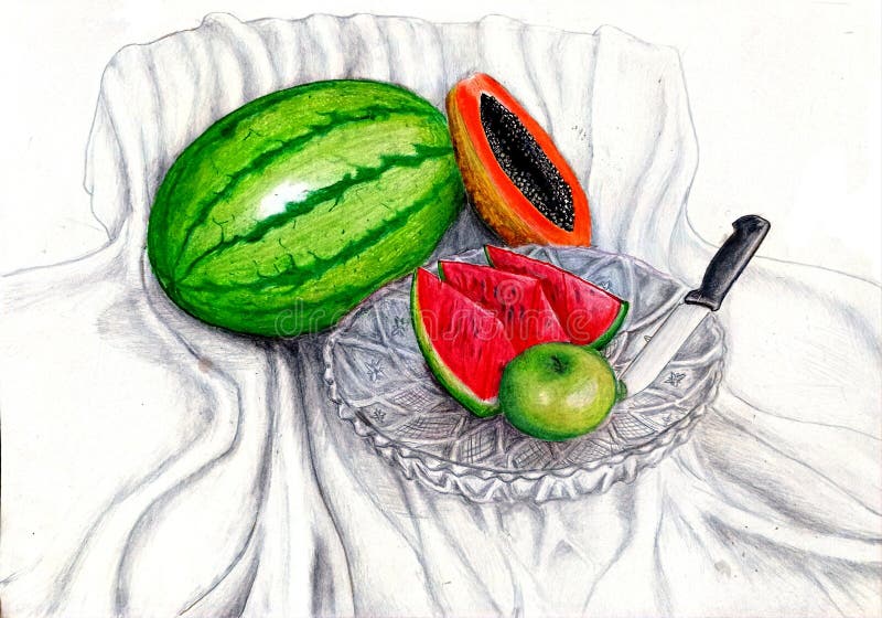 Colored Pencils Fruits Composition for Reference Art Wor Stock Photo ...