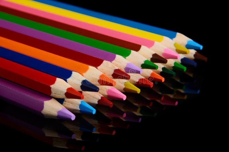 Colored Pencils Isolated on Black Background with Reflection Stock ...
