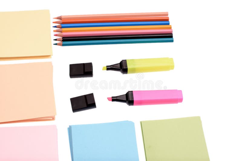 Colored Pencils and Markers with Paper for Writing Isolated on White ...