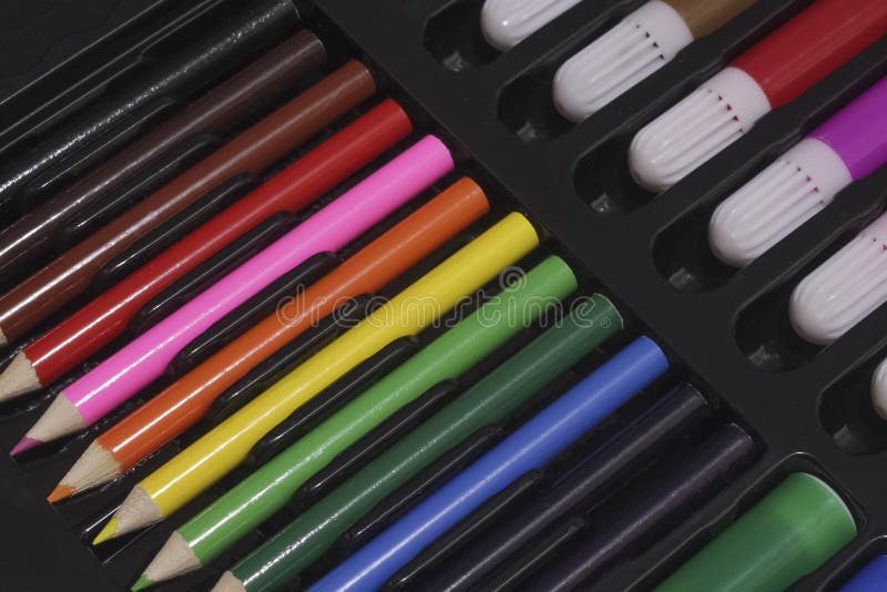 Colored Pencils and Markers in a Pencil Case Stock Photo - Image of ...