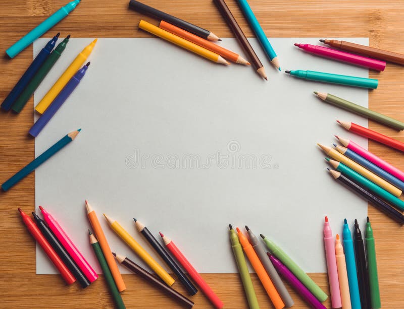 Colored Pencils and Markers on a Sheet of White Paper. Selective Focus ...