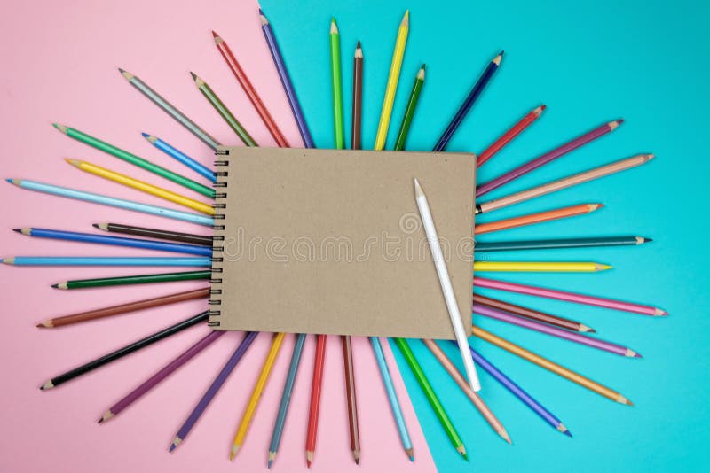 Colored Pencils, Notebooks on Brown and Beige Background. Branding ...
