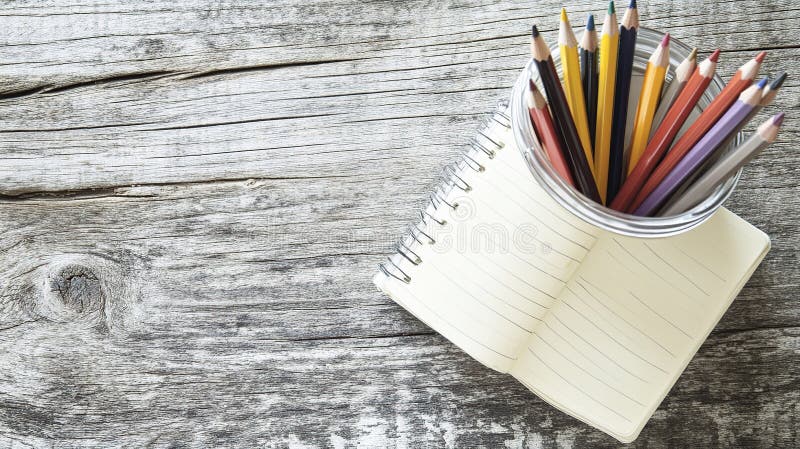 Colored Pencils, Notebook, Rustic Wood, Creative, Planning Stock Photo ...