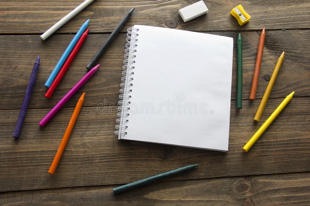 Colored Pencils and Notebook Stock Photo - Image of creativity, black ...