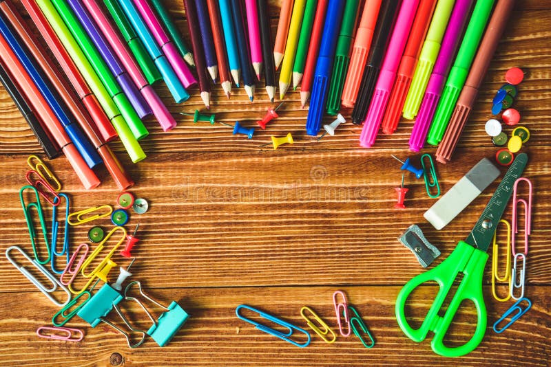 Colored Pencils and Offcie Stuff on Wooden Background Stock Photo ...