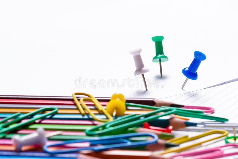 Colored Pencils, Paper Clips and Buttons Stock Photo - Image of notepad ...