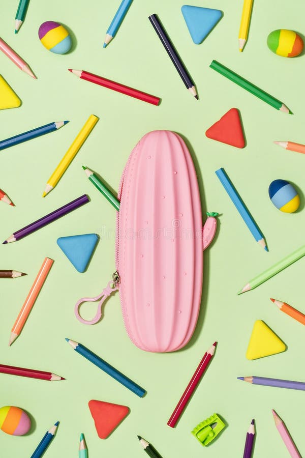 Colored Pencils Background Pattern with Pencil Case. Back To School ...