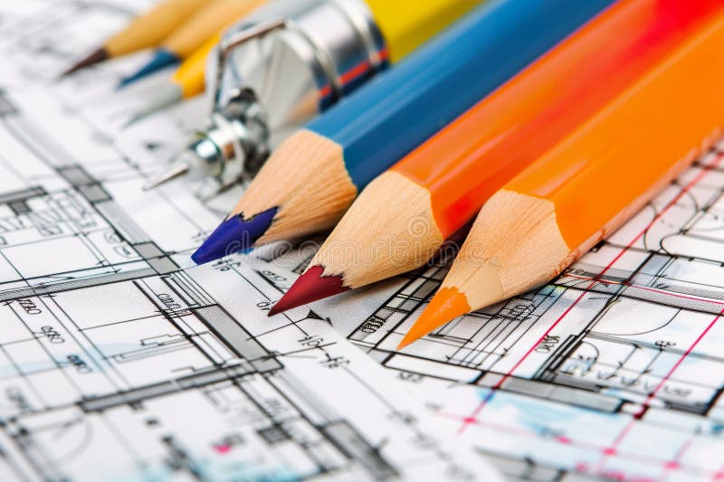 Colored pencils on plans stock illustration. Illustration of desk ...