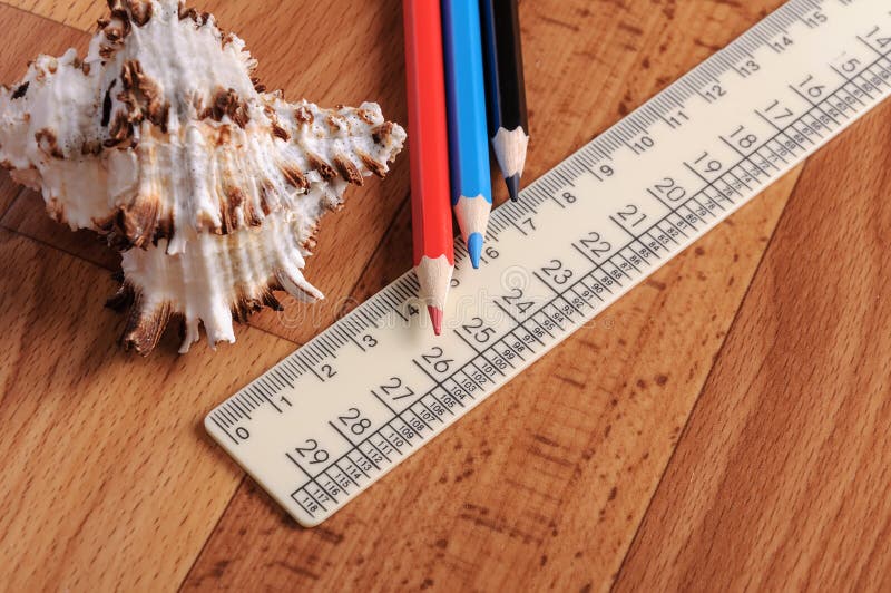 Colored Pencils and Ruler for Schools on Wooden Background Stock Photo ...