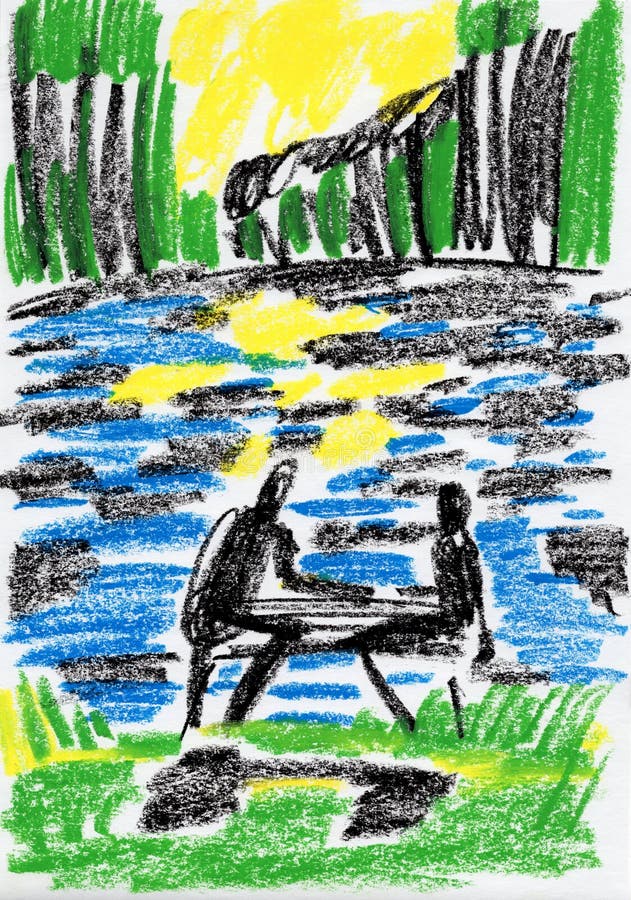 Colored Pencils Sketch of a River Landscape Stock Illustration ...