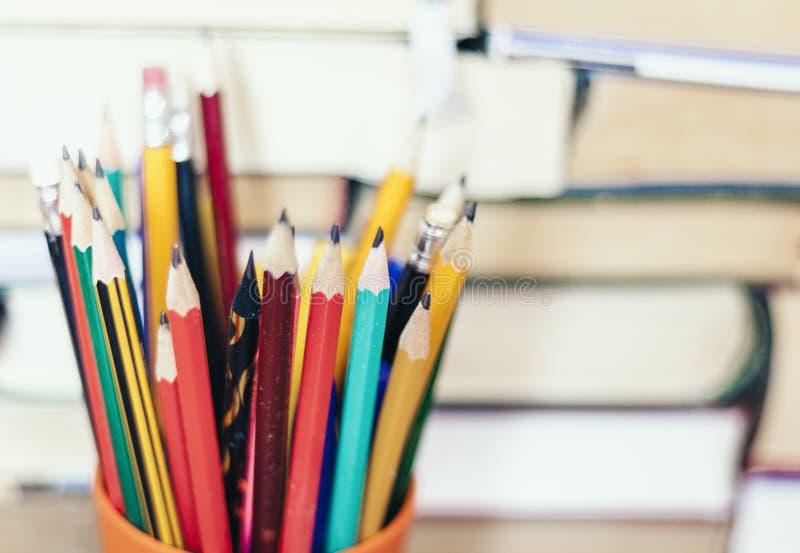 Colored Pencils with Stack of Book Education Concept Background Stock ...