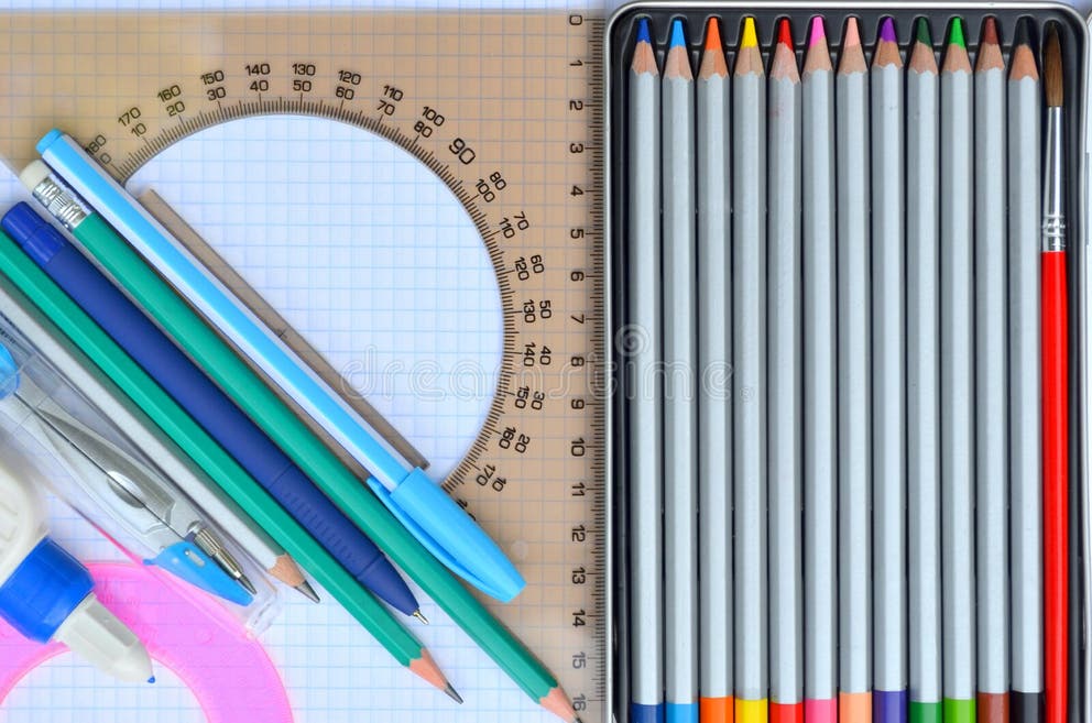 Colored pencils stock photo. Image of protractor, brush - 56857526